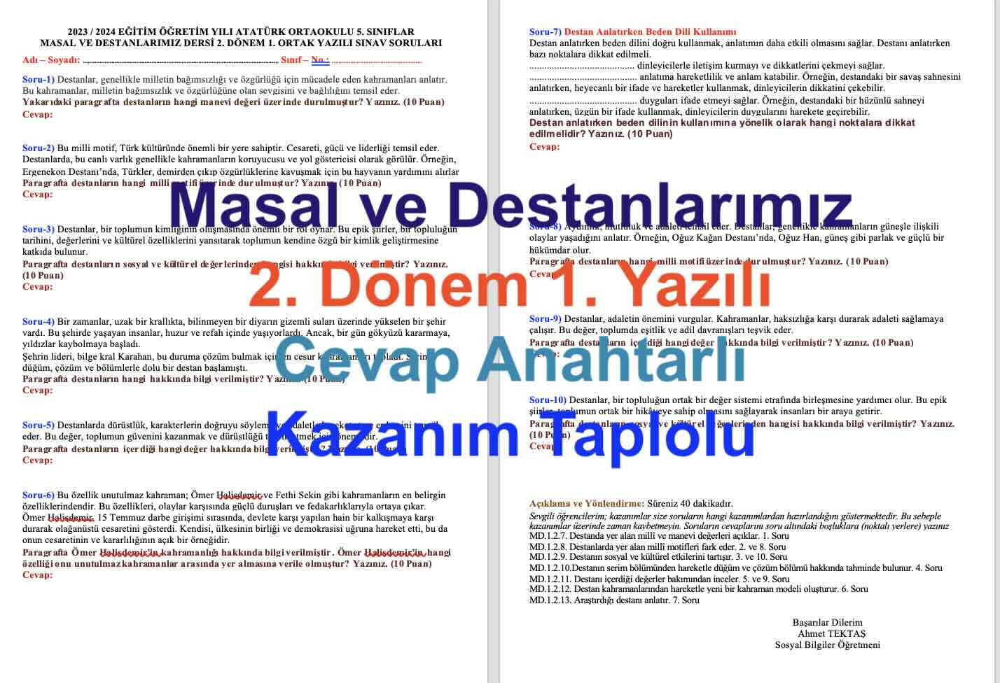 Masal ve Destanlarımız 2. Dönem 1. Yazılı Sınavı (Cevaplı) - Sosyal ...